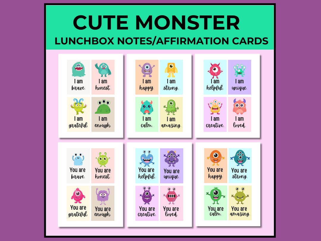 Cute Monster Lunchbox Notes and Affirmation Cards for Kids | Positivity ...
