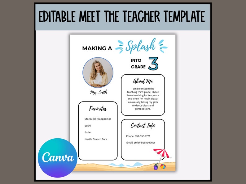 Editable Meet the Teacher Template Back to School Beach Theme Teacher ...
