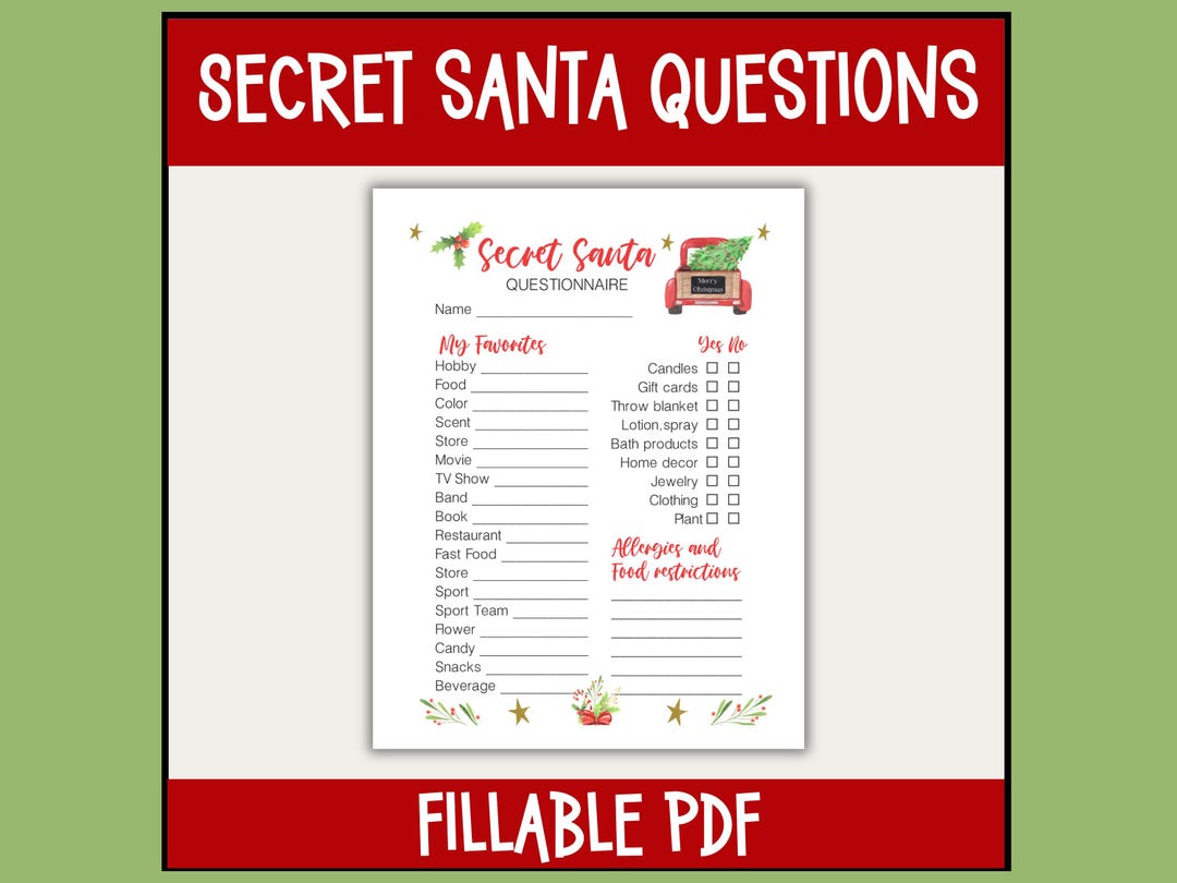 Secret Santa Form Fillable PDF| Secret Santa Questionnaire | Christmas ...