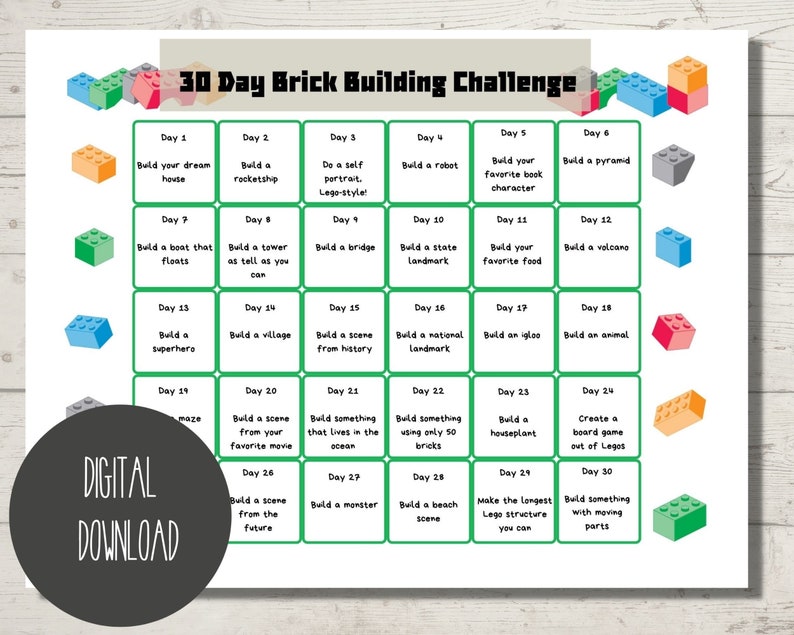 Printable 30 Day Brick Building Challenge Boredom Buster - Etsy