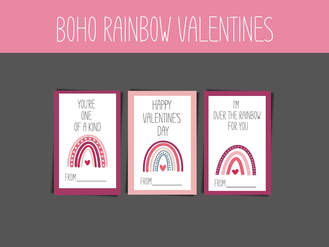 Printable Boho Rainbow Valentine Cards | Kids Valentine Cards | 3x5 ...