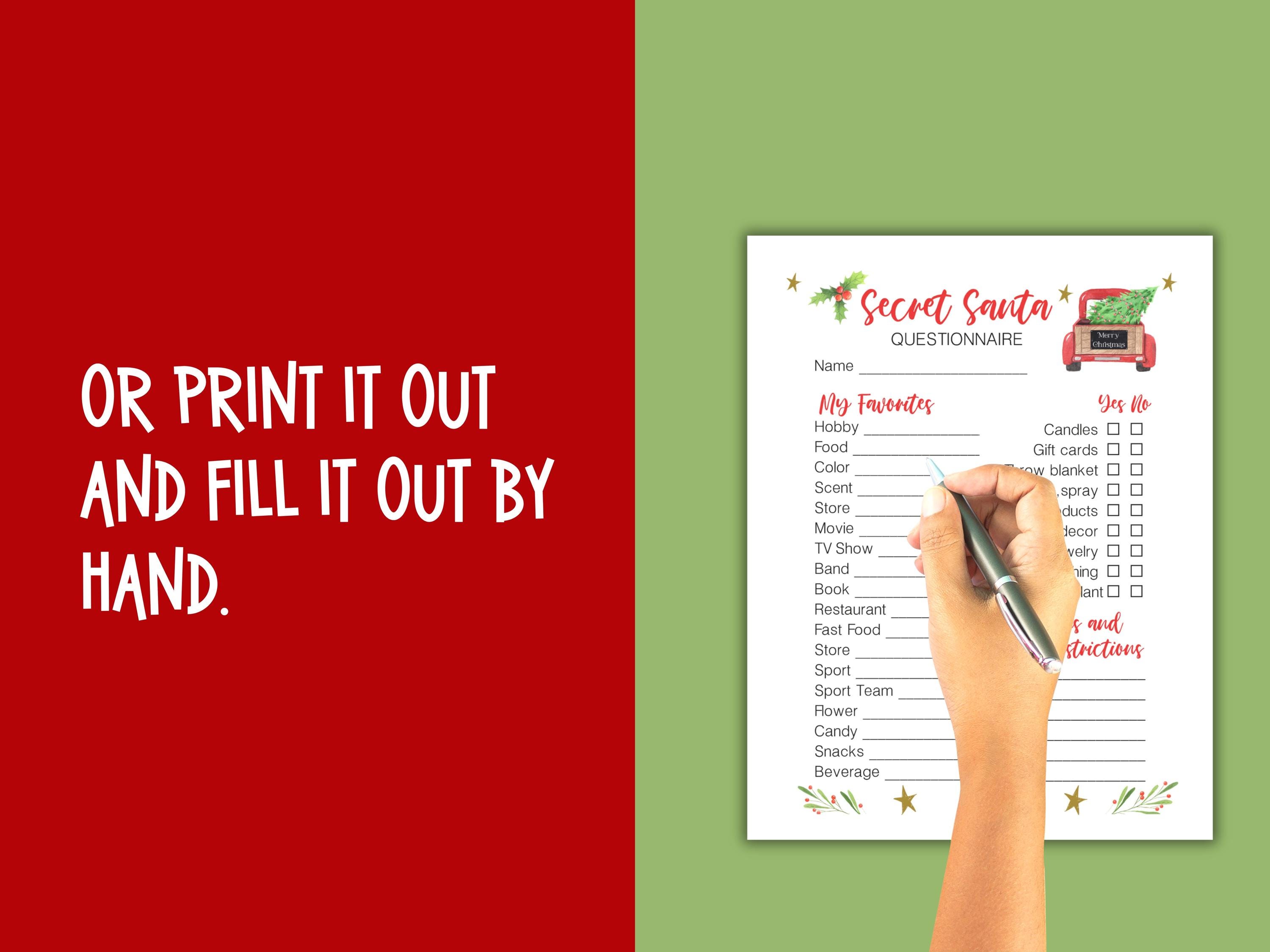 Secret Santa Form Fillable PDF| Secret Santa Questionnaire | Christmas ...