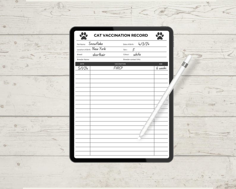 Cat Vaccination Record | Pet Vaccination Log | Kitten Vaccine Log ...