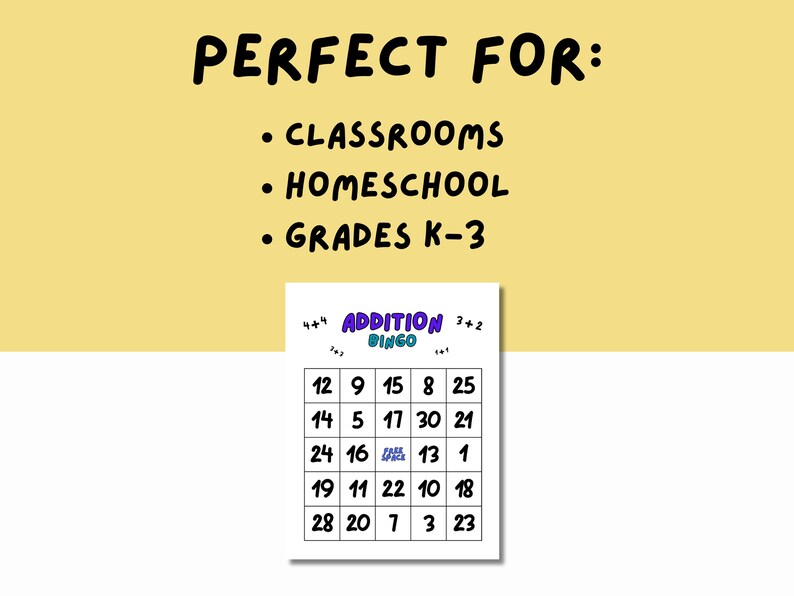 Printable Addition Bingo Game for Kids K-3 | Homeschool Resource | Math Bingo | Math Facts Game ...