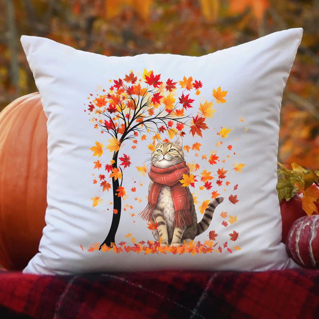 Fall Cat Pillow Fall Leaves Decor Autumn Cat Lover Decor Gift 16x16 ...