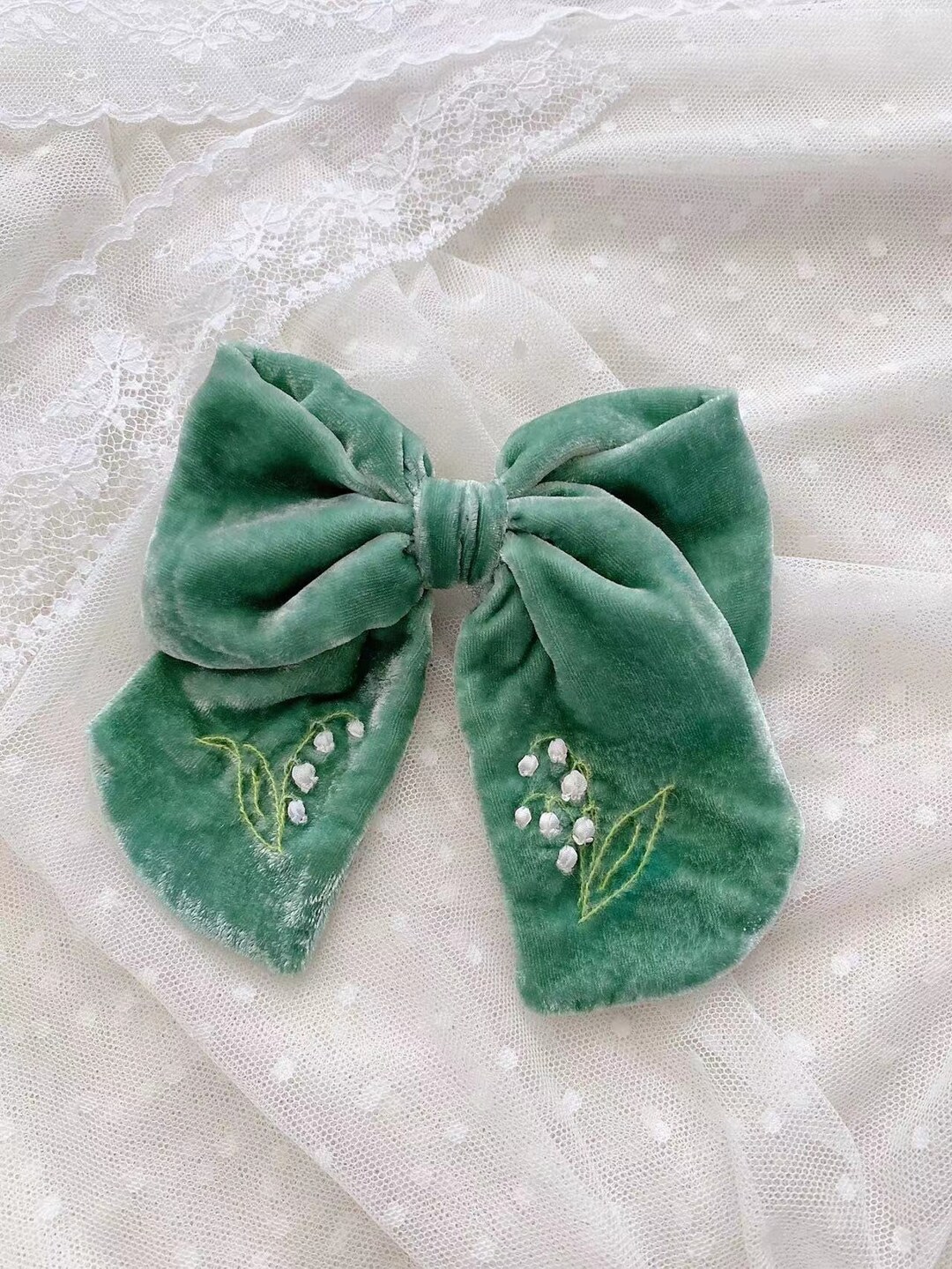 Pure Silk Velvet Hair Bow Hand Embroidered Barrettes Green Hair Bow ...
