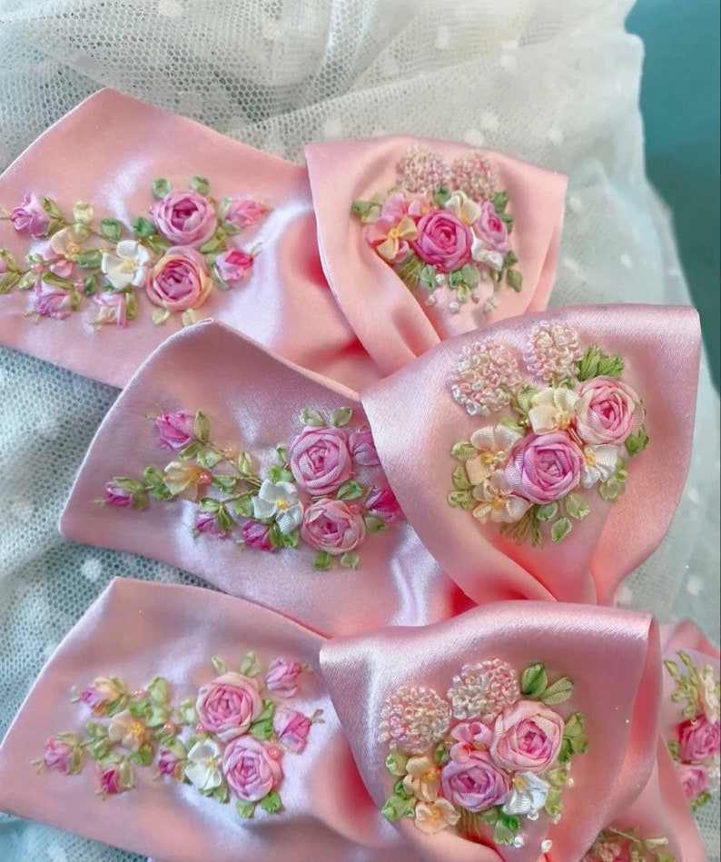 Pure Silk Hair Bow Hand Embroidered Barrettes French Barrette Pink Hair ...