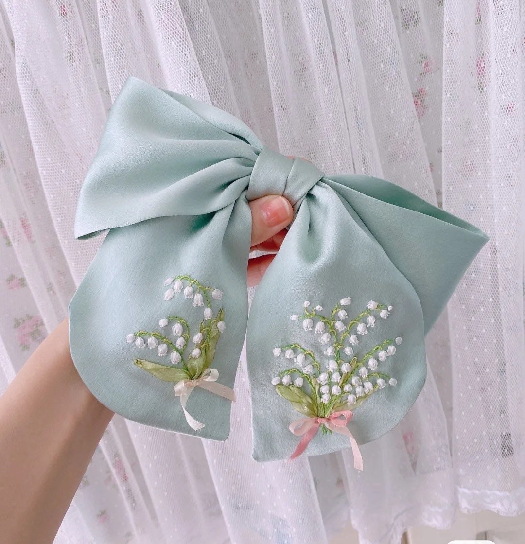 Pure Silk Hair Bow Hand Embroidered Bow Lily of the Valley Bow Emerald ...