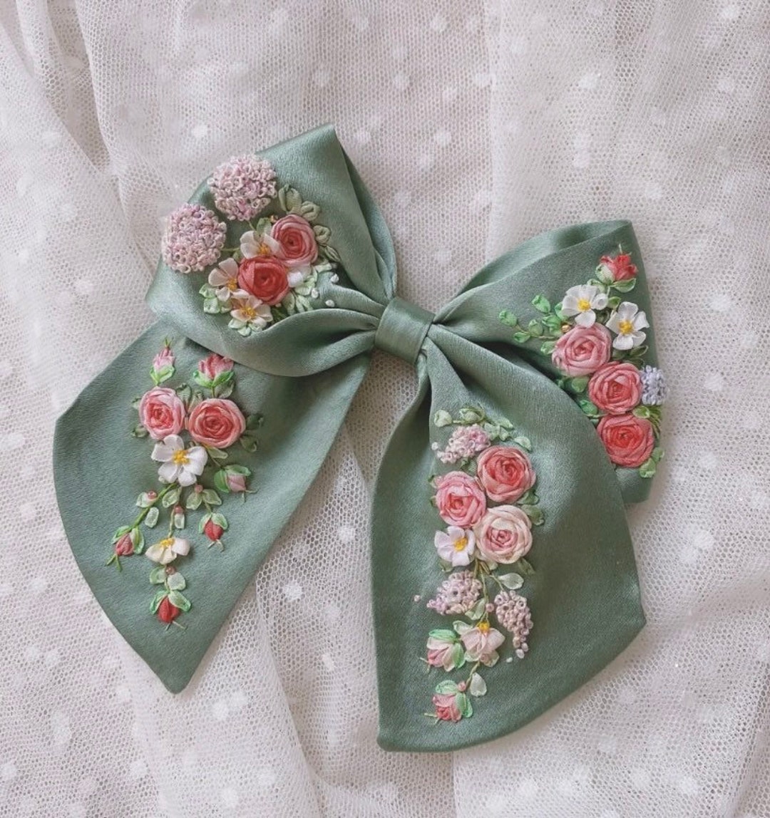 Pure Silk Hair Bow Hand Embroidered Barrettes French Barrette Emerald ...