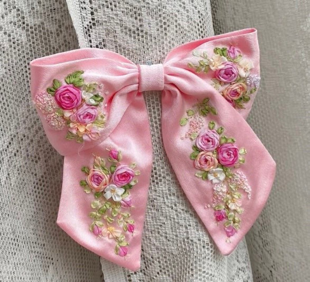 Pure Silk Hair Bow Hand Embroidered Barrettes French Barrette Pink Hair ...