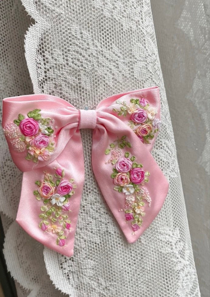 Pure Silk Hair Bow Hand Embroidered Barrettes French Barrette Pink Hair ...