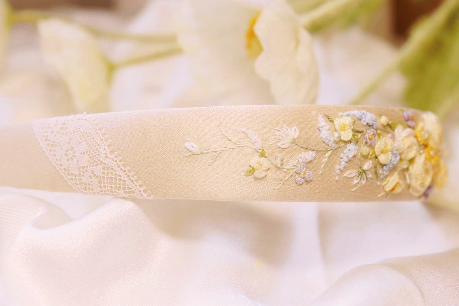 Hand Embroidered Headband for Girl Pure Silk Headband Floral Embroidery ...