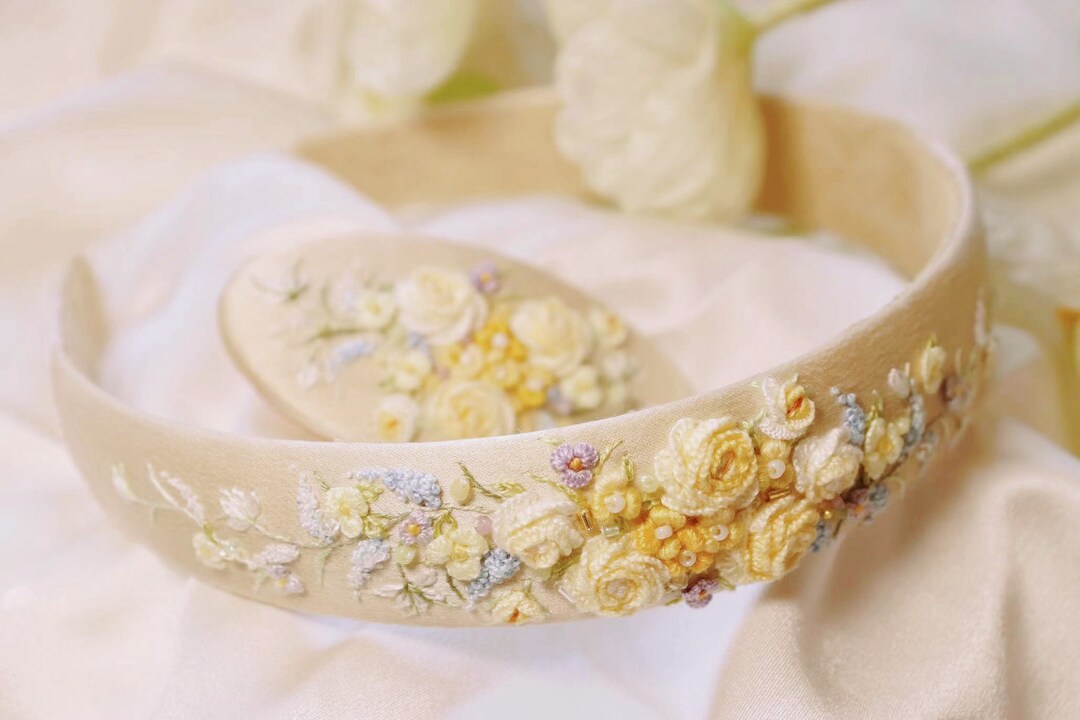Hand Embroidered Headband for Girl Pure Silk Headband Floral Embroidery ...