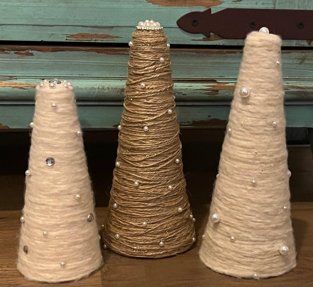 Set of 3 Yarn Twine Rope Christmas Trees Cone Trees Nature Colors Khaki ...