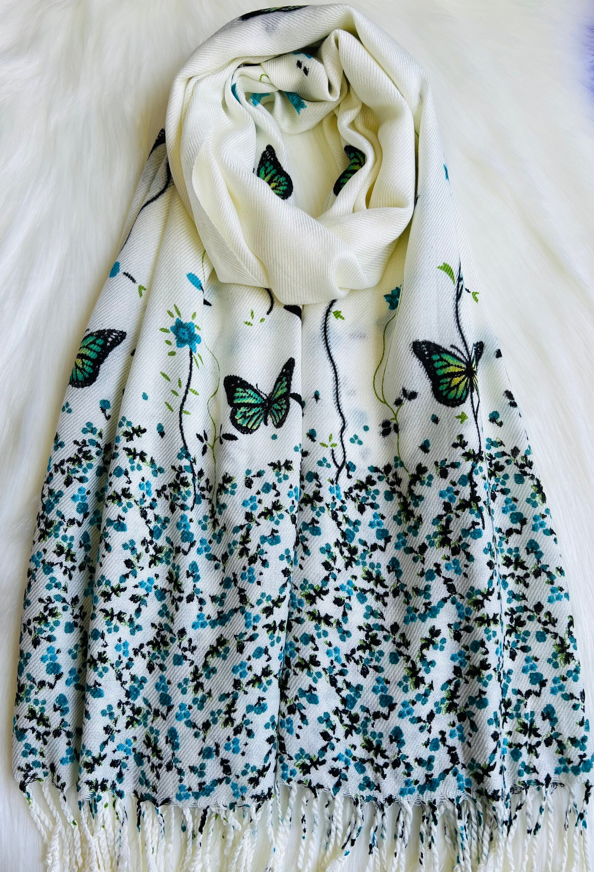 Light Blue Butterfly Floral Scarf for Women, Warm Soft Flower Scarf ...