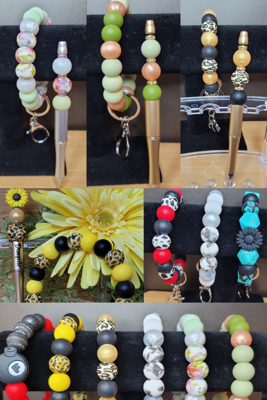 Beaded Wristlet Keychain and Pen Sets, Sunflower Beaded Keycahin and ...