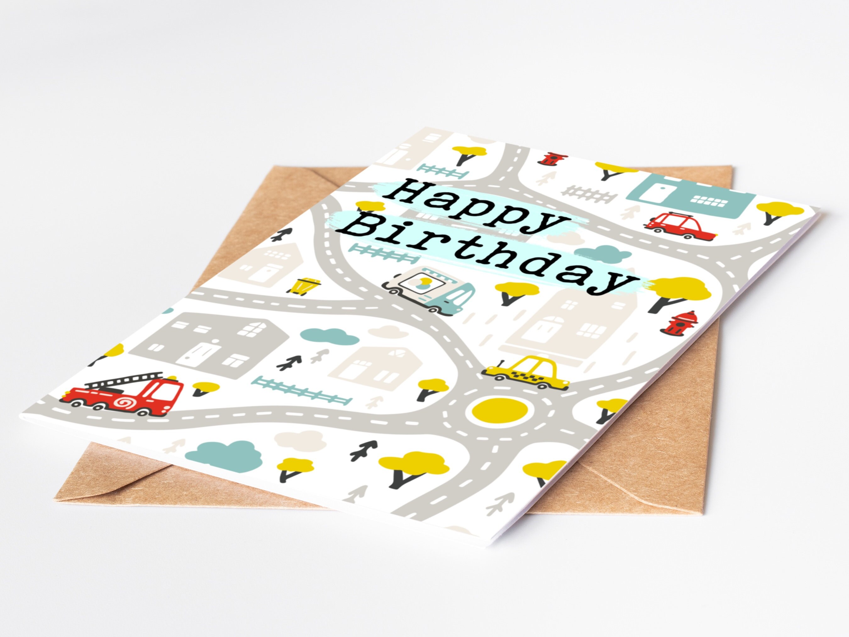 Cars Happy Birthday Card A6 | Road Map Kids Birthday Card | Boy’s Cars ...