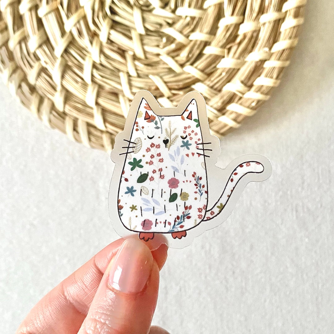 Floral Cat Clear Vinyl Sticker Transparent Die-cut Waterproof Kitten ...