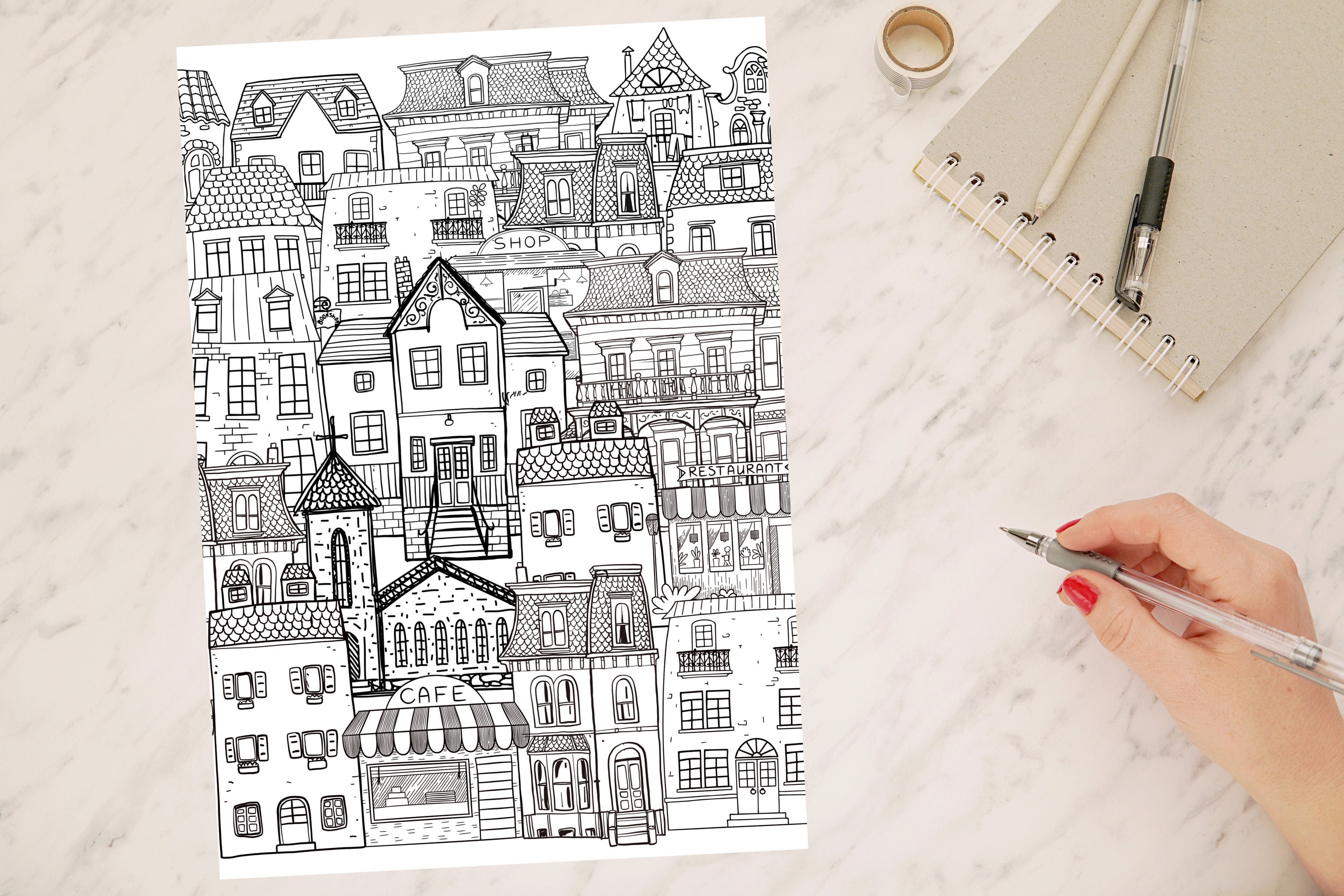 Printable Town Colouring Sheet for All Ages | House Colouring Page for ...