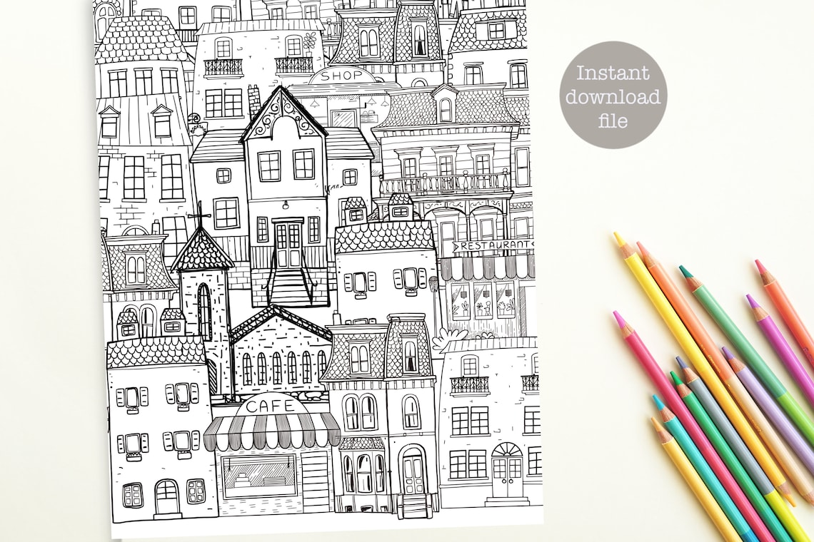 Printable Town Colouring Sheet for All Ages House Colouring Page for ...