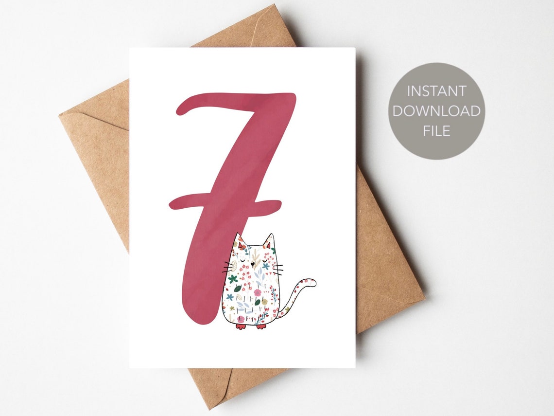 Cute Cat Printable 7th Birthday Card | 7 Year Old PDF Birthday Card ...