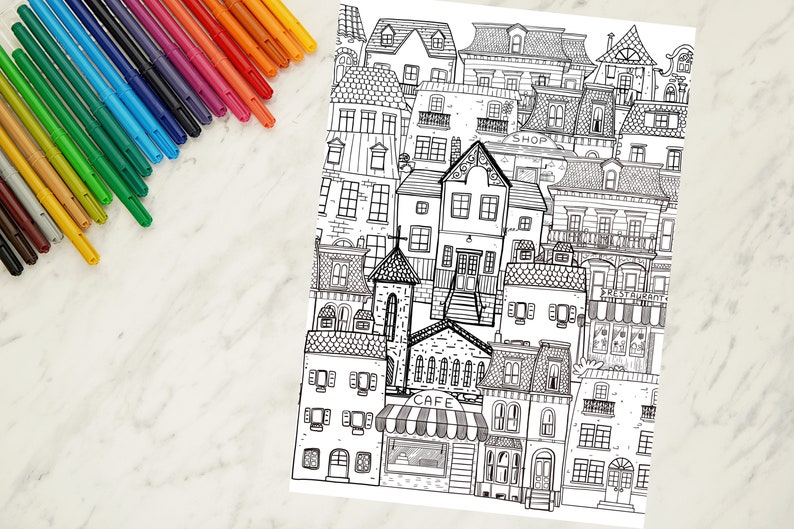 Printable Town Colouring Sheet for All Ages | House Colouring Page for ...