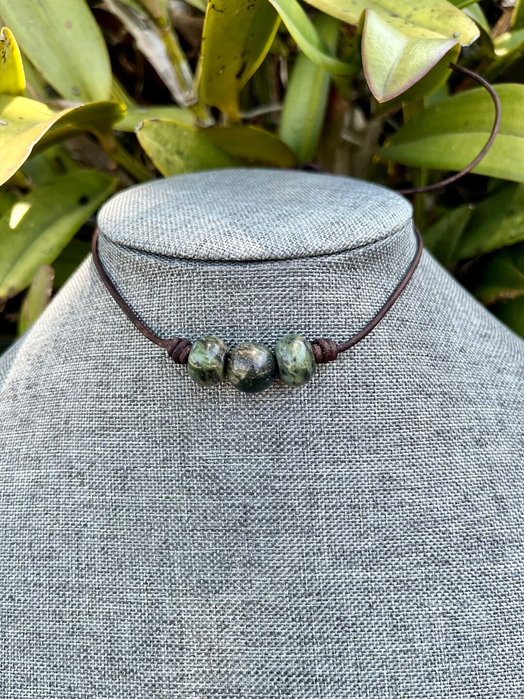 3 Stone Jade Choker. 3 Stone Jade Knotted Leather Choker. Jade Necklace ...
