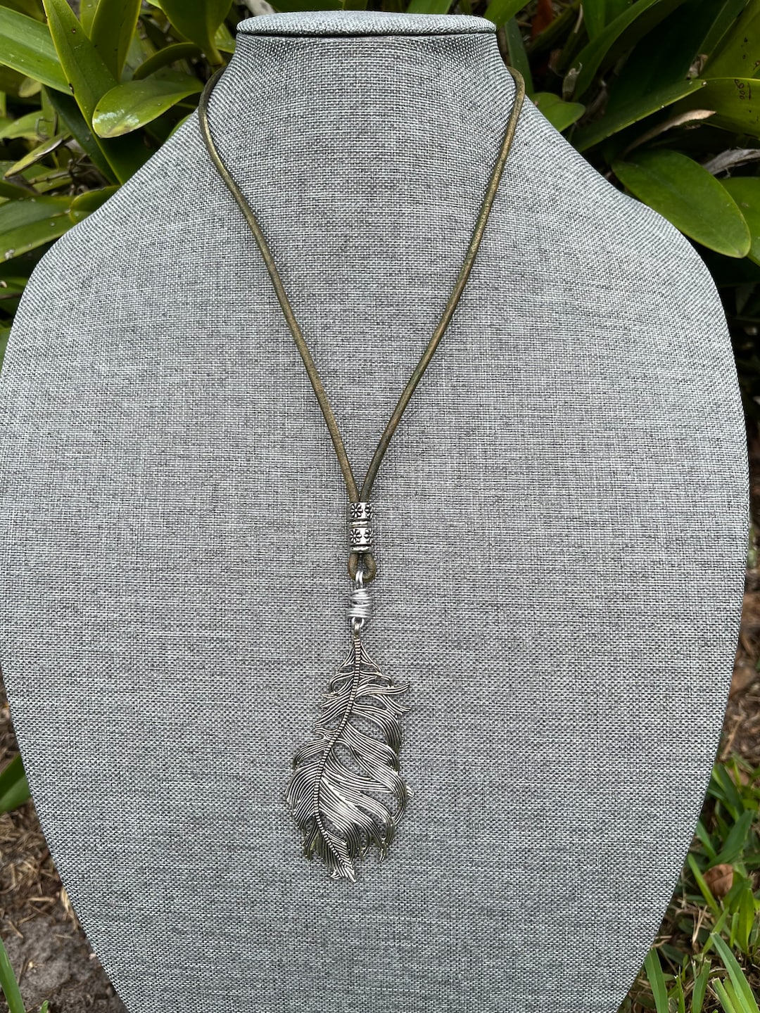 Large Silver Feather Necklace. Large Feather Pendant on a Natural Green ...