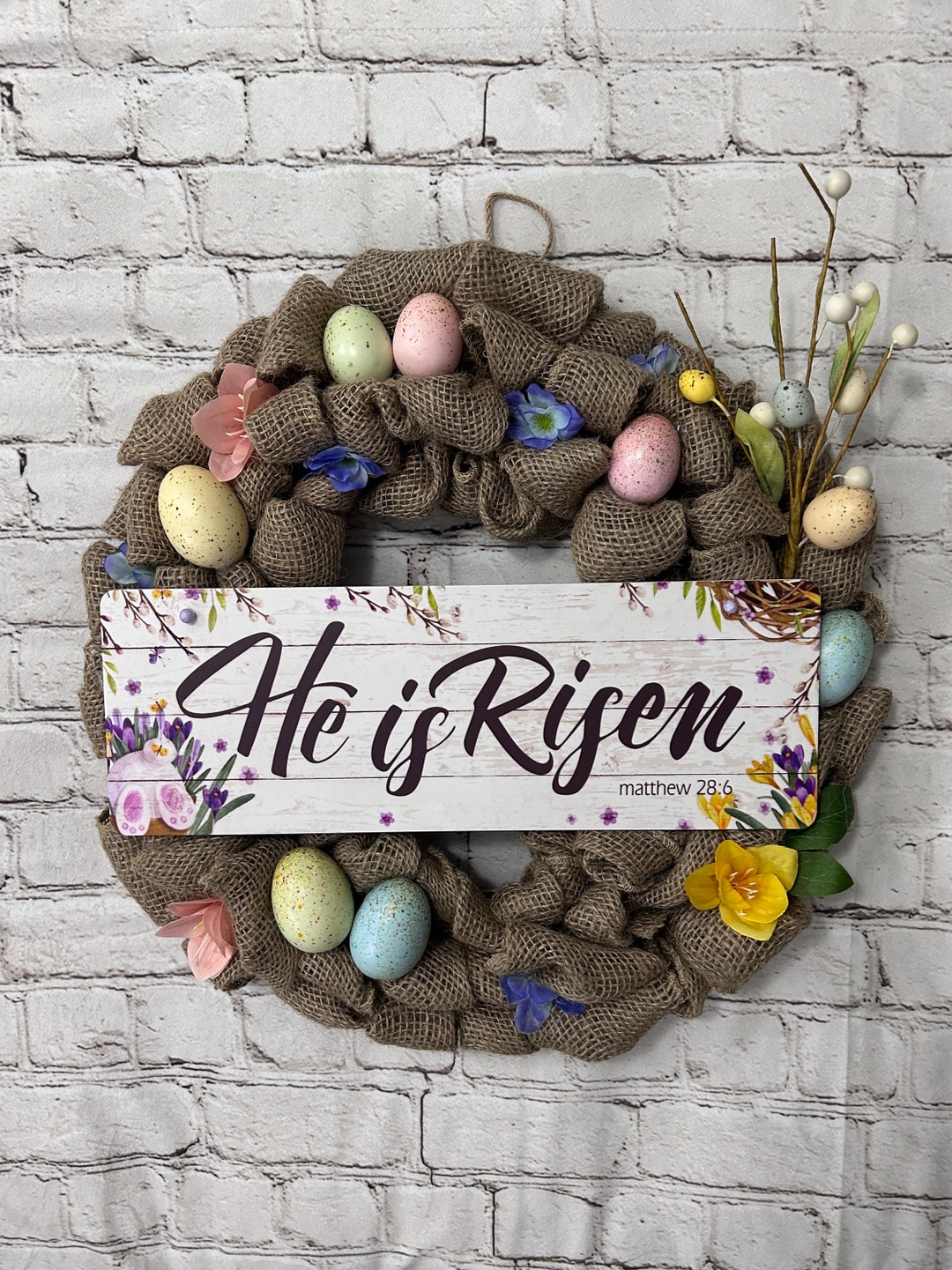 He is Risen Burlap Wreath, Easter Wreath, Religious Wreath, Mini Egg ...