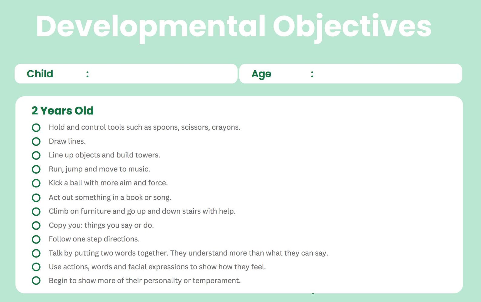 Developmental Objectives Checklist - Ages 2-5 Years - Etsy