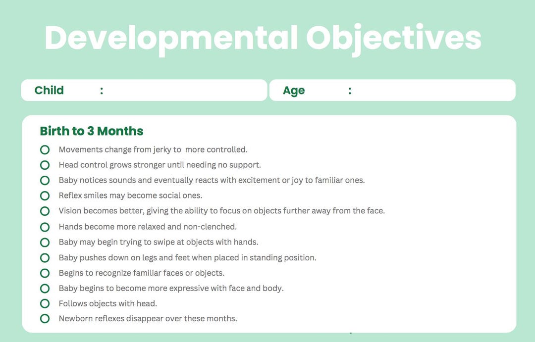Developmental Objective Checklist - Newborn-6 Months - Etsy