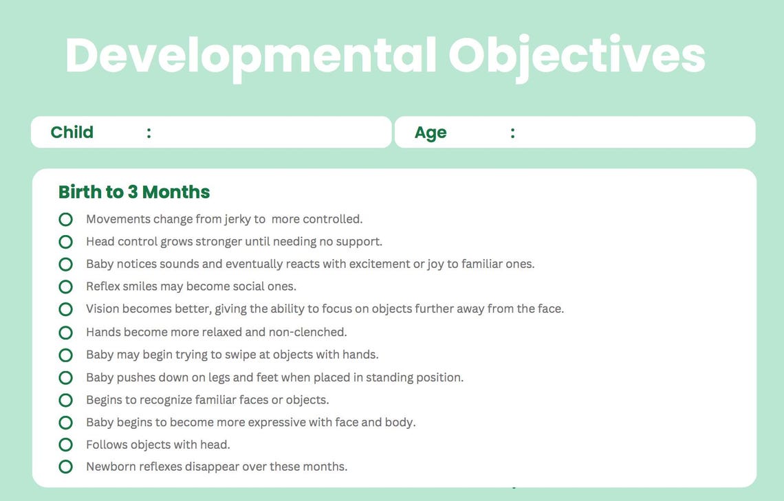 Developmental Objective Checklist - Newborn-6 Months - Etsy