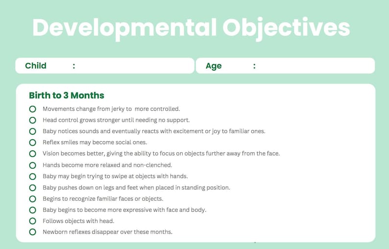 Developmental Objective Checklist - Newborn-6 Months - Etsy
