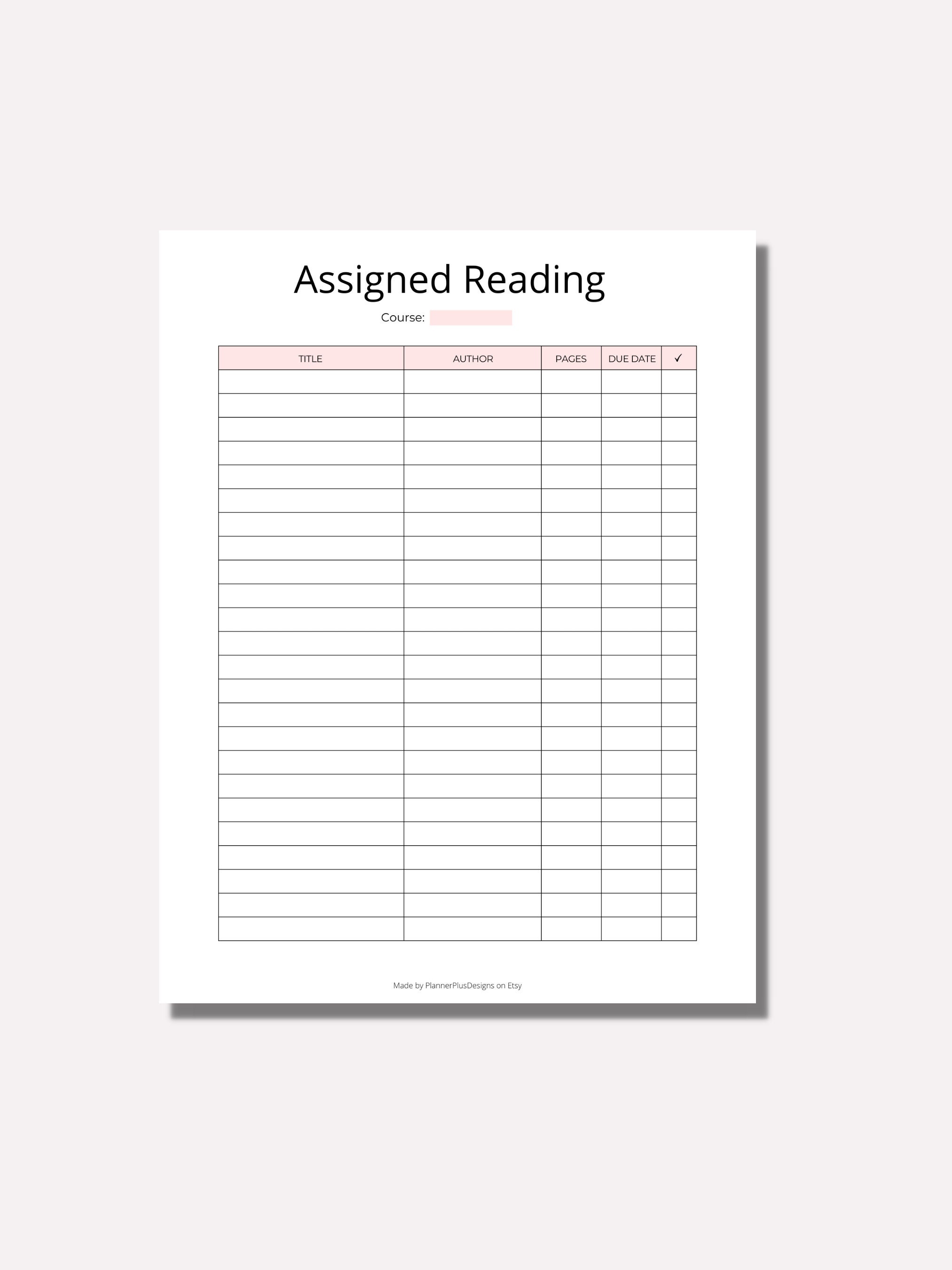 Assigned Reading Printable, Reading Log, Assigned Reading Log Planner ...