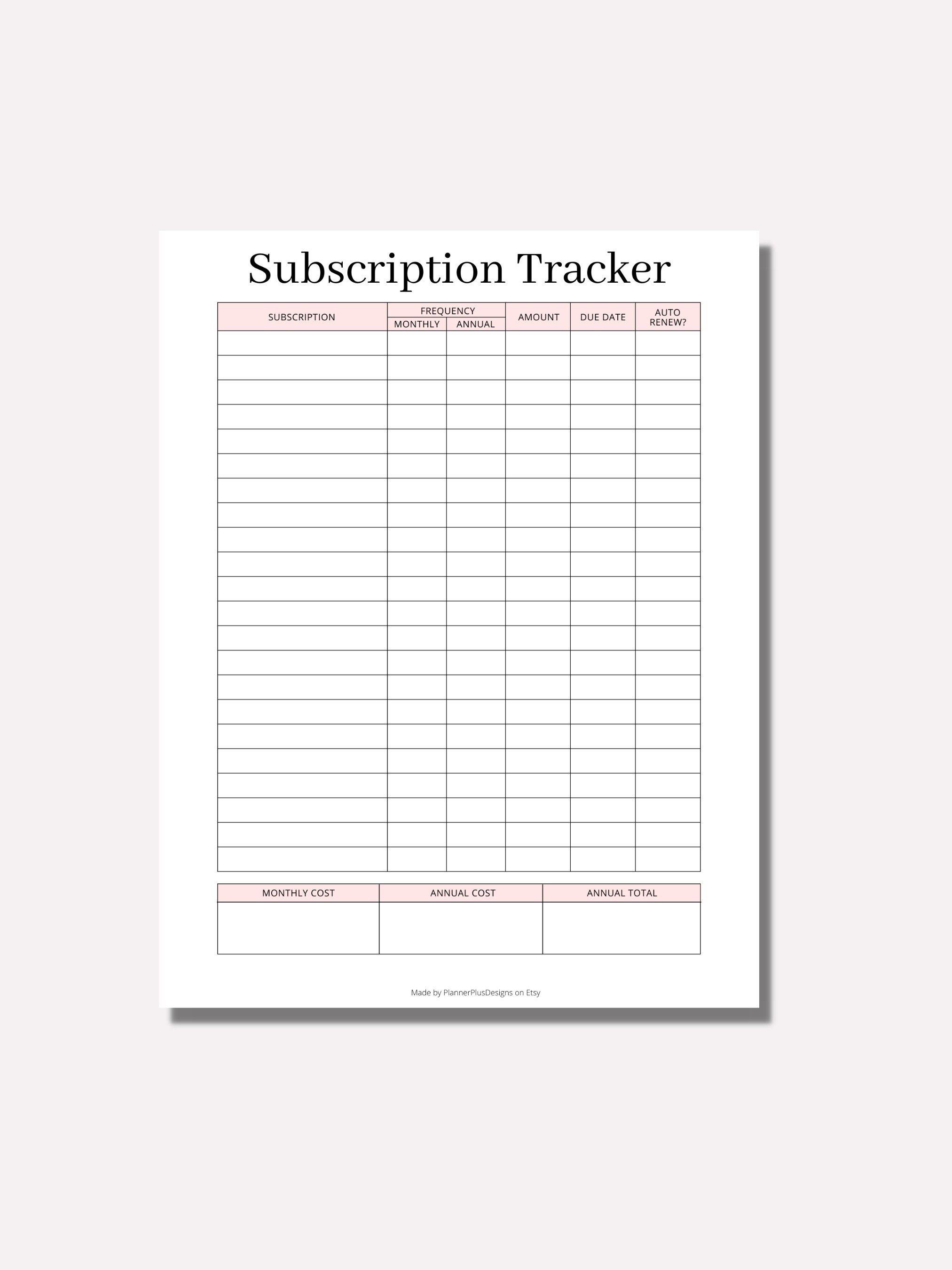 Subscription Tracker Printable, Subscription Log, Monthly Subscription ...