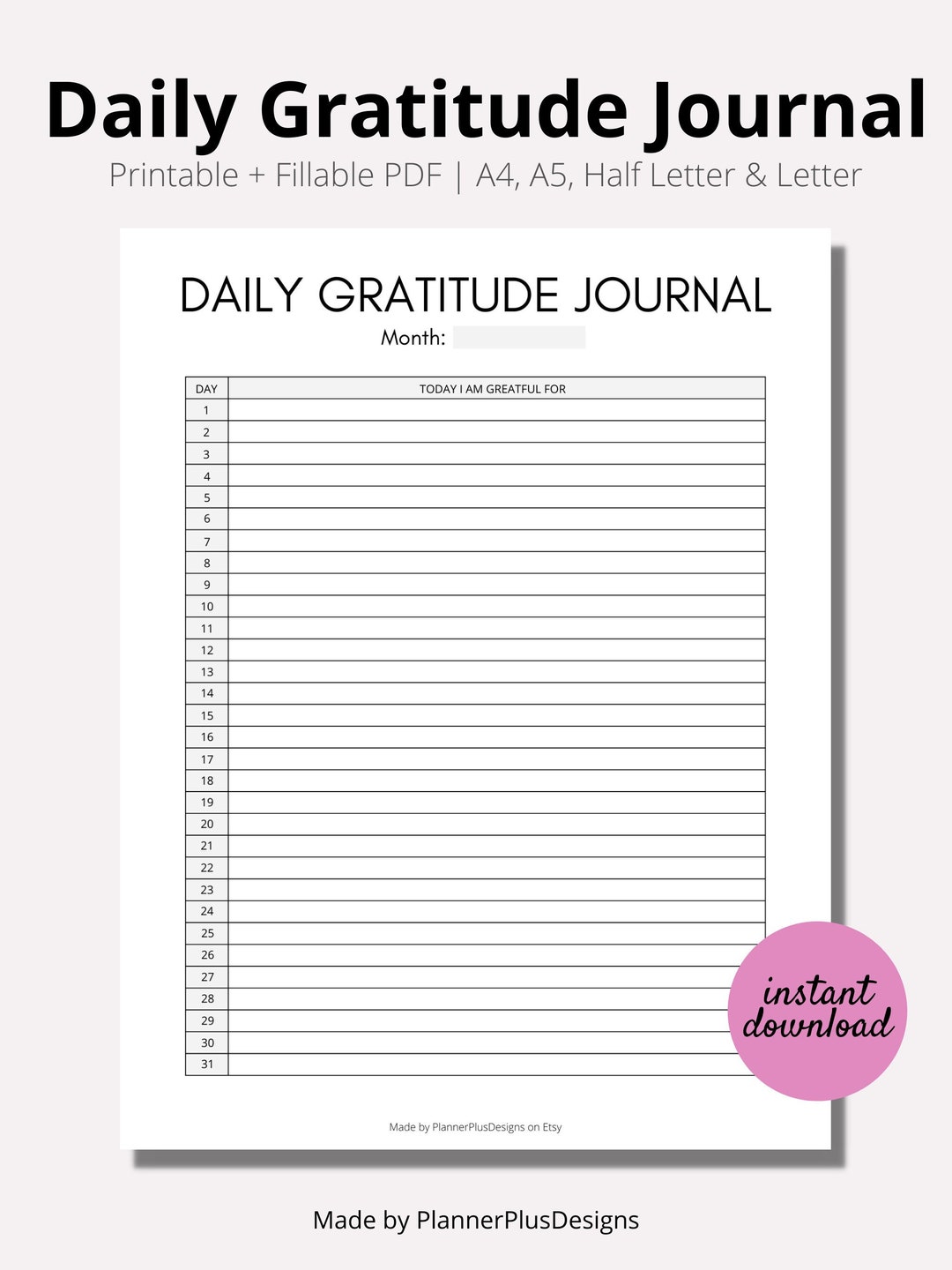 Daily Gratitude Journal Printable, Month Page Gratitude Log, Gratitude ...