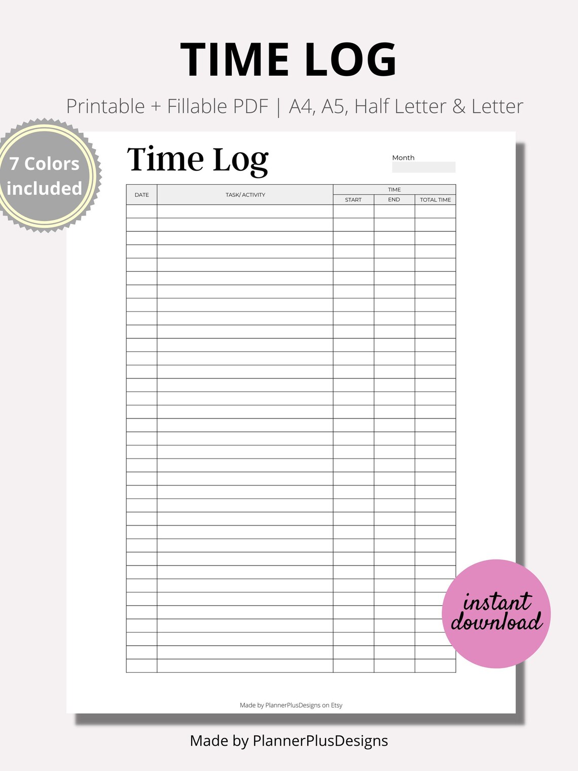Time Log Printable, Timesheet Printable, Project Time Log, Task Time ...