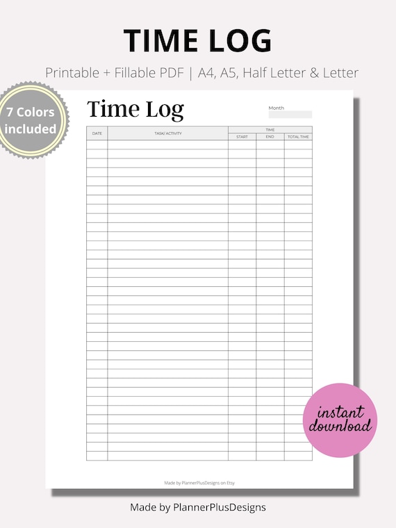 Time Log Printable Timesheet Printable Project Time Log | Etsy