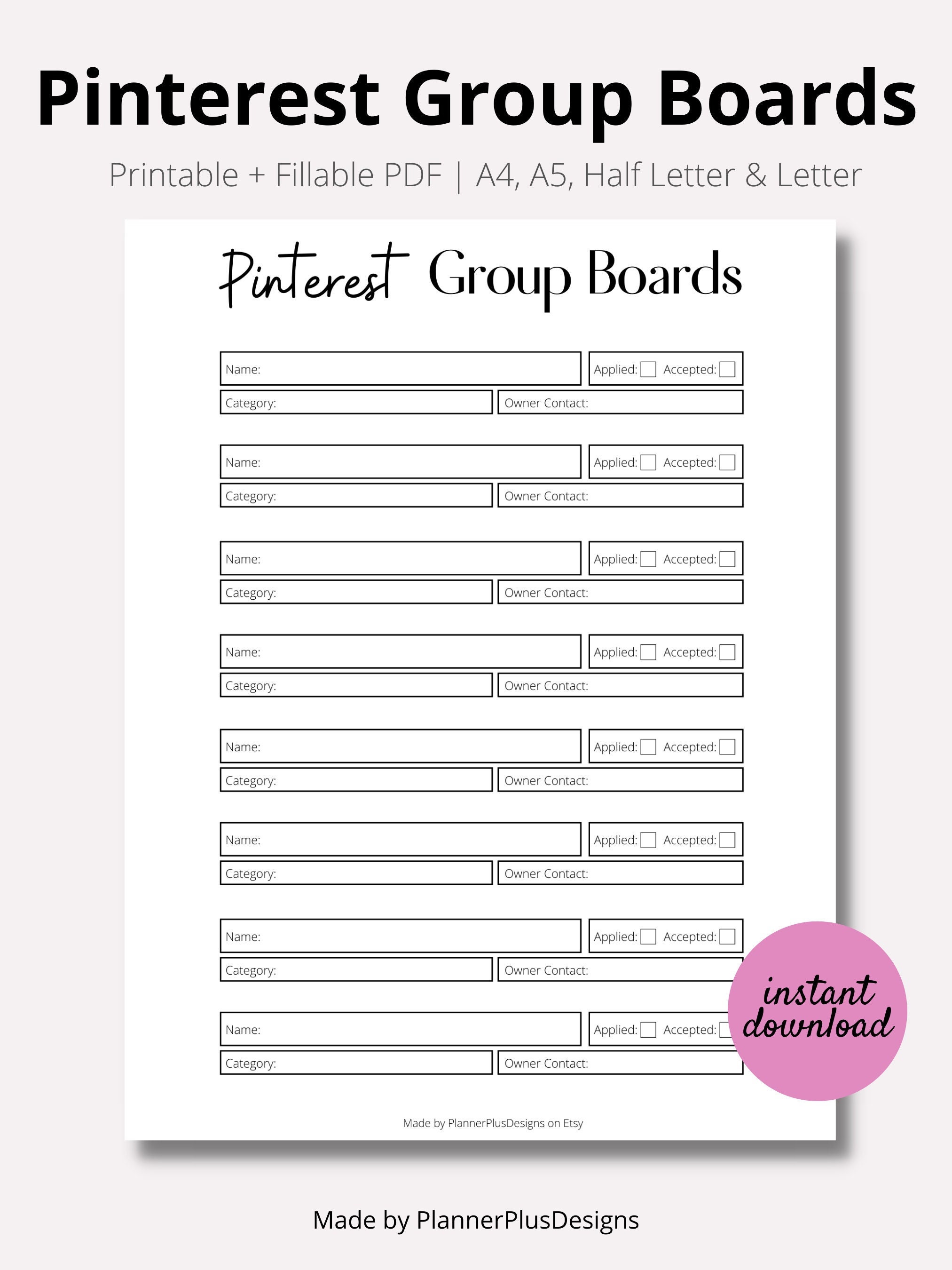 Pinterest Group Boards Tracker Printable, Small Business Social Media ...