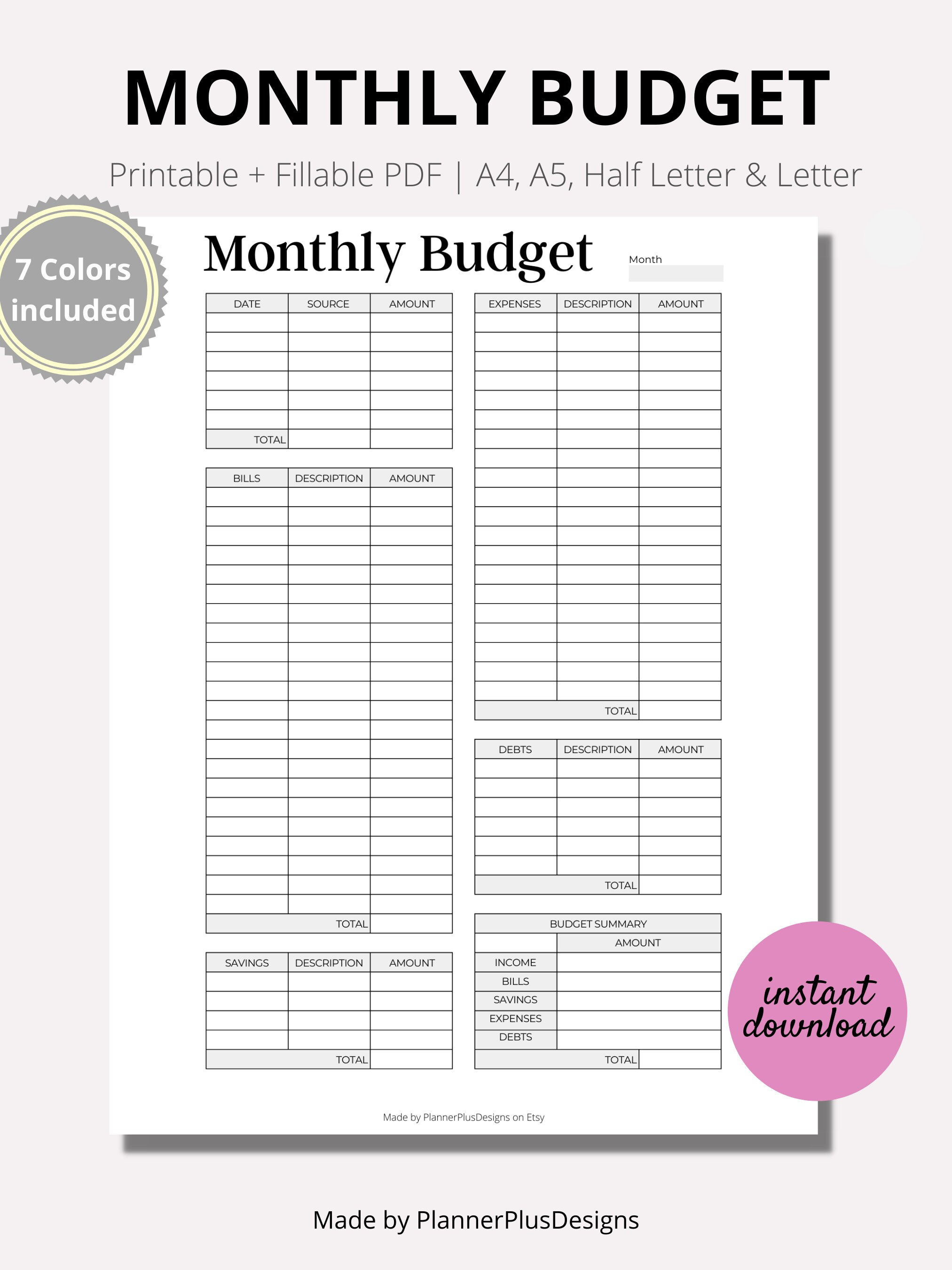 Monthly Budget, Printable Finance Planner, Monthly Budget Overview ...