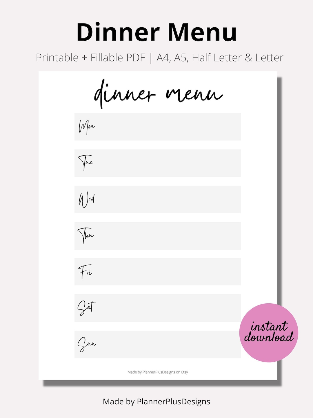 Dinner Menu Printable, Simple Menu Planner, Meal Planner Printable ...