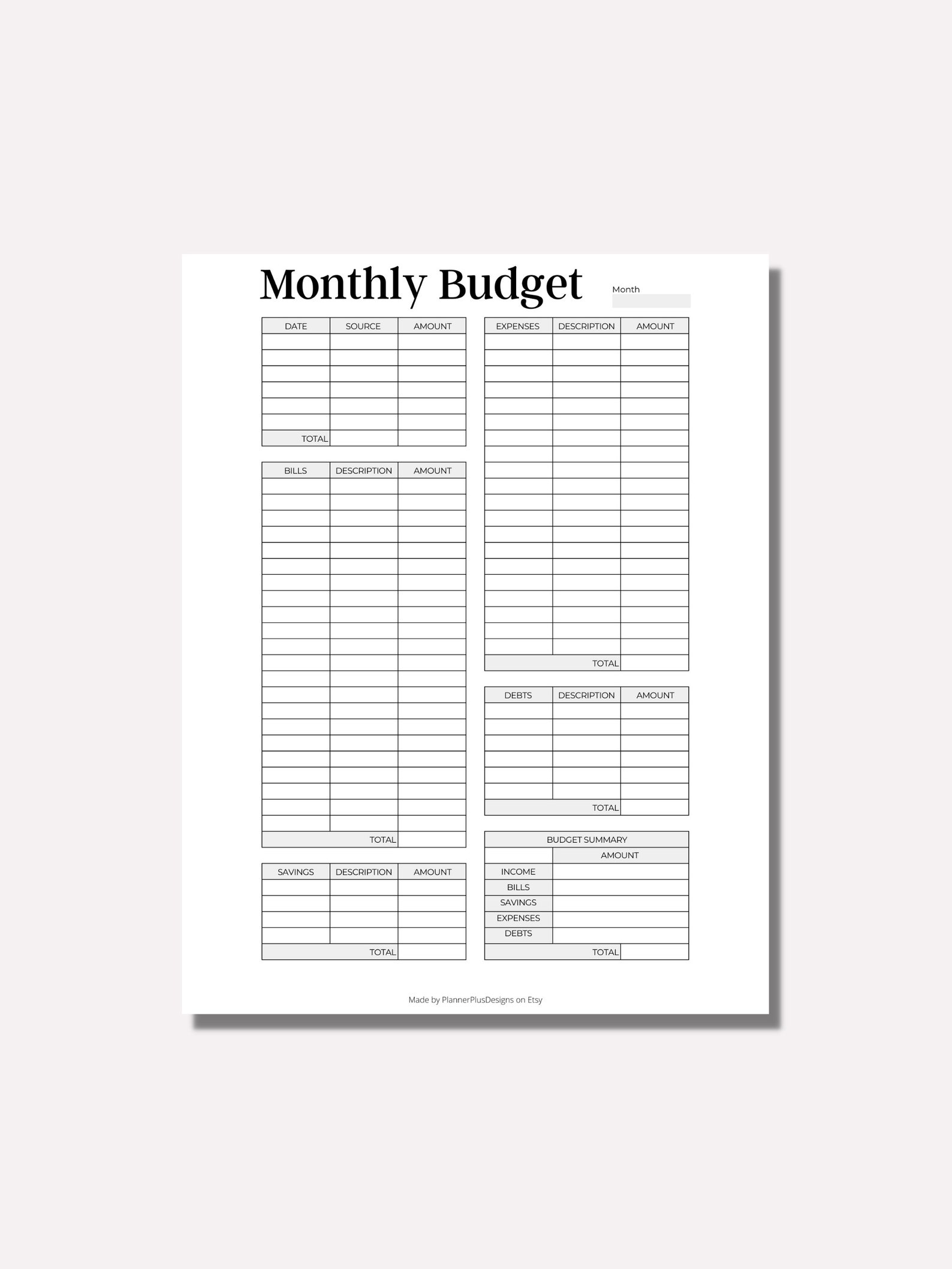Monthly Budget, Printable Finance Planner, Monthly Budget Overview ...