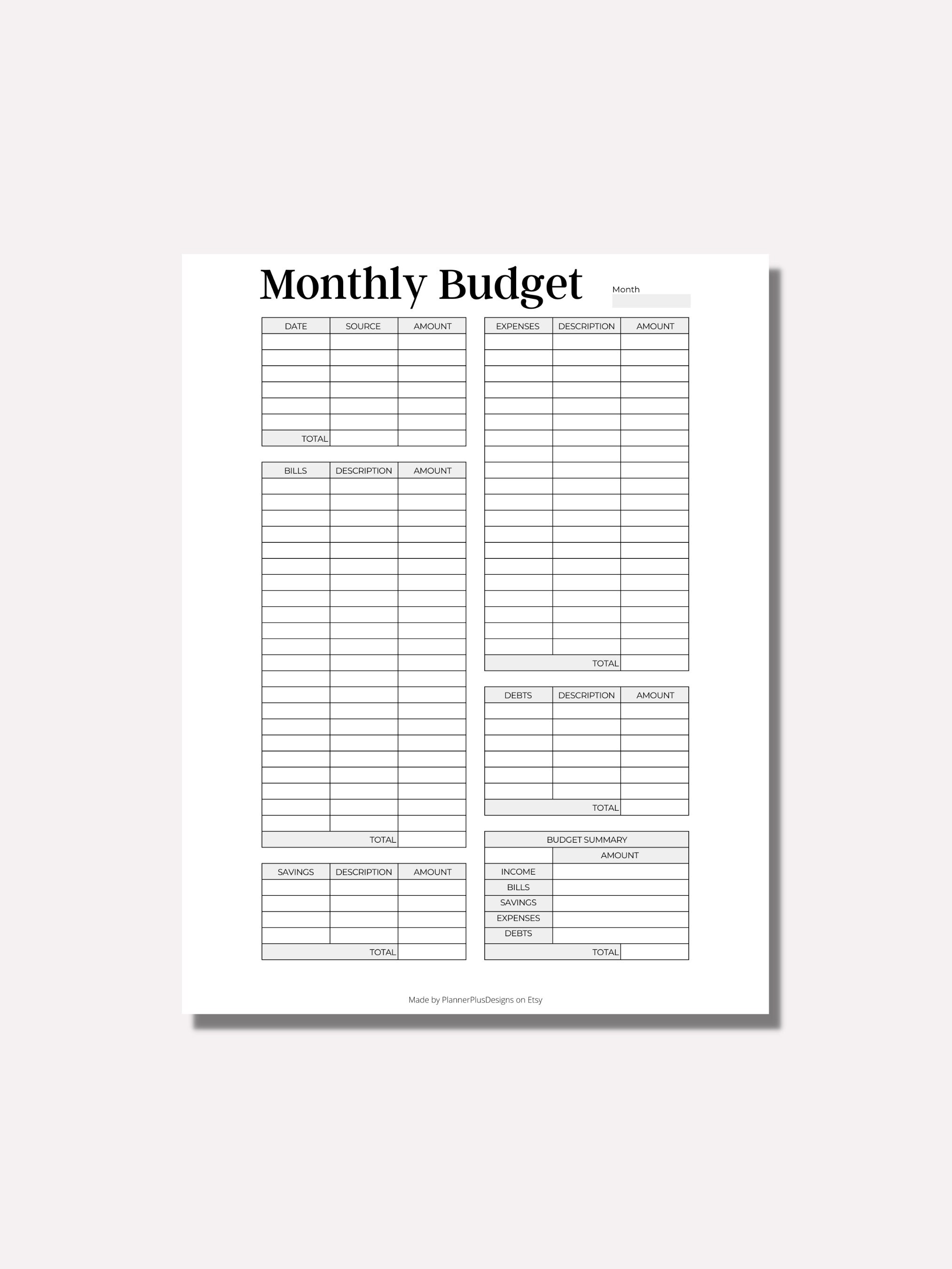 Monthly Budget, Printable Finance Planner, Monthly Budget Overview ...