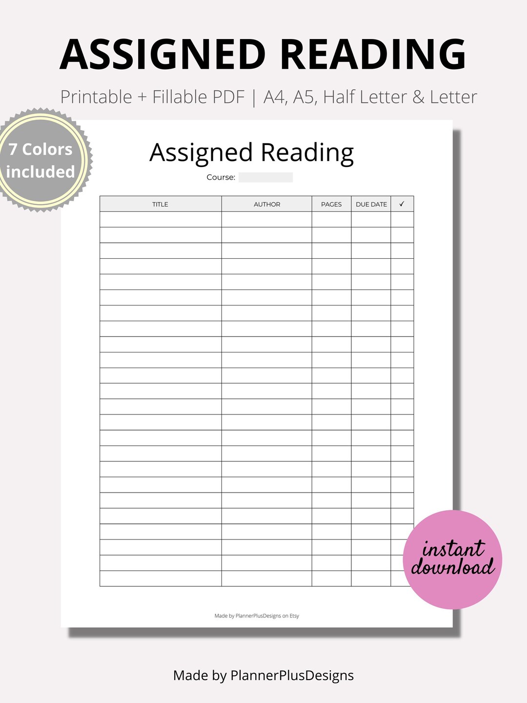 Assigned Reading Printable, Reading Log, Assigned Reading Log Planner ...