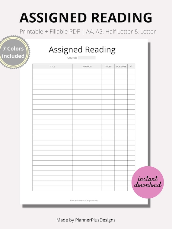 Assigned Reading Printable Reading Log Assigned Reading Log - Etsy
