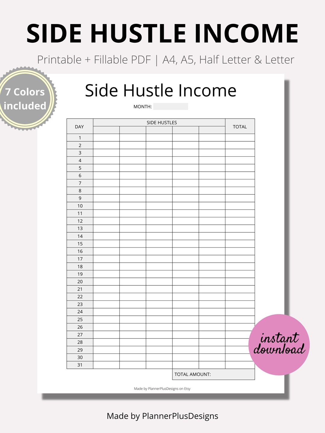 Side Hustle Income Printable, Income Tracker, Retail Arbitrage Income ...