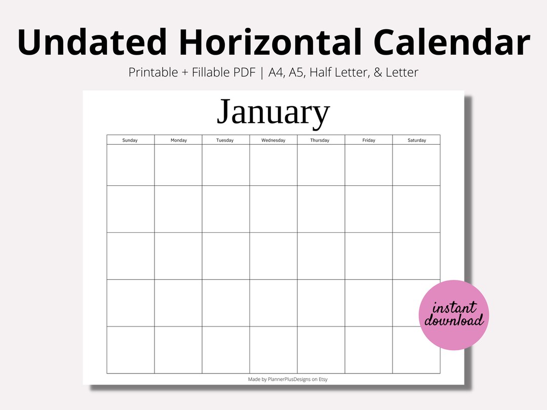 Undated Monthly Planner Page, Monthly Calendar Landscape, Minimalist ...