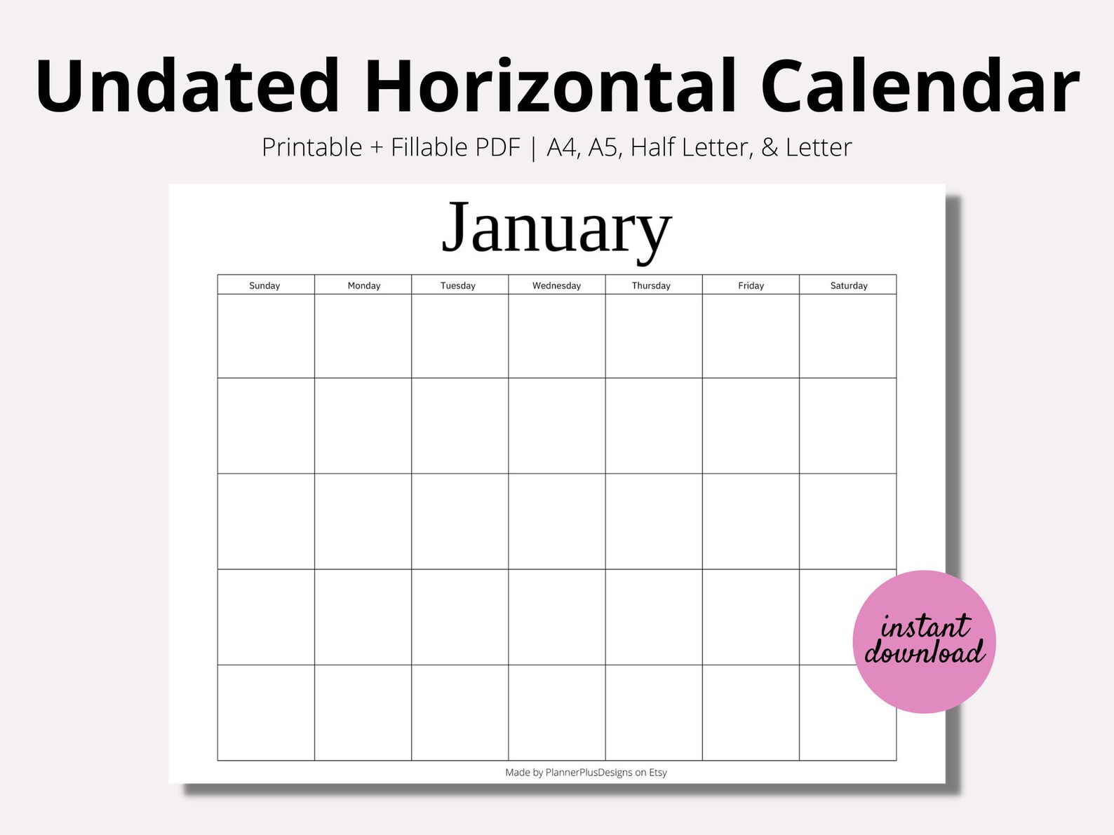 Undated Monthly Planner Page, Monthly Calendar Landscape, Minimalist ...