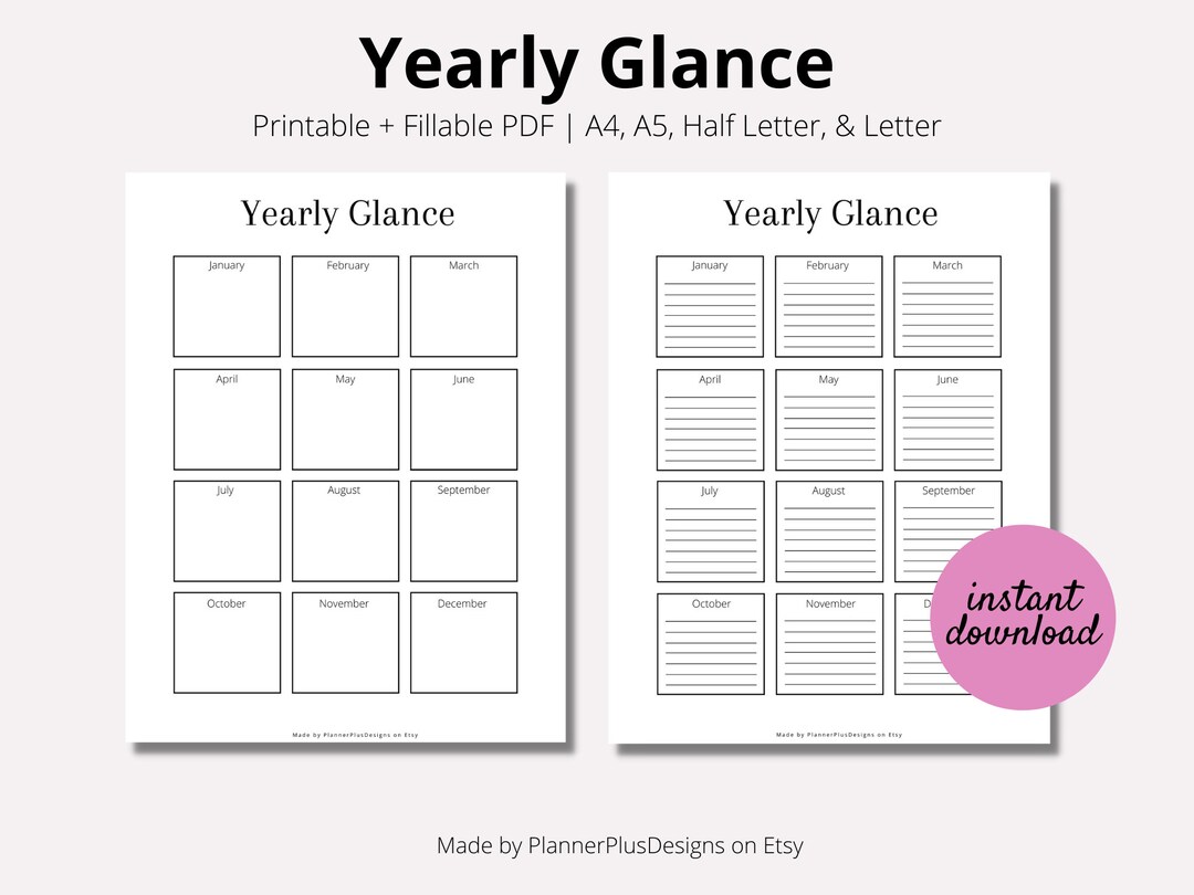 Year at a Glance Printable, Yearly Overview, 12 Month Overview, Undated ...