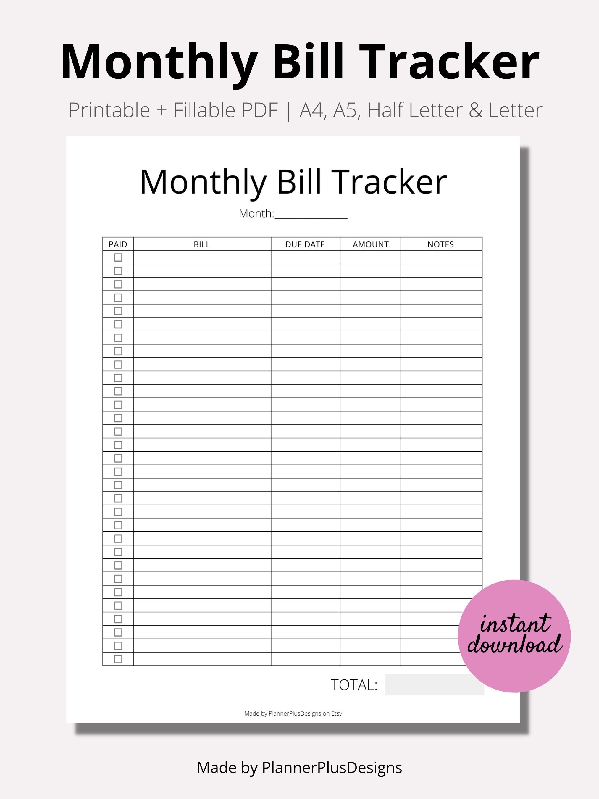 Monthly Bill Payment Tracker Printable, Bill Log Planner, Bill Payment ...